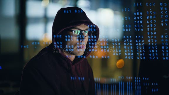 Closeup Hacker Breaking Website in Code Lines Neon Projection. Guy ...