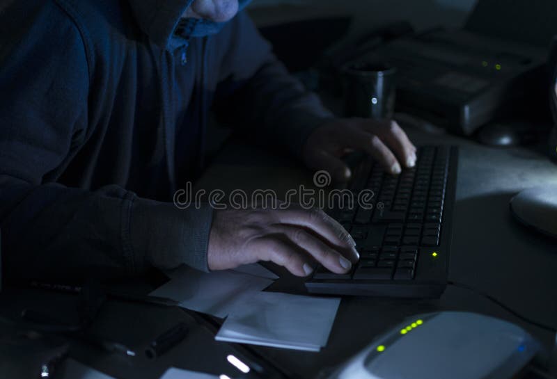 Closeup of Hacker`s Hands on the Desk Keyboard, Different Devices on ...