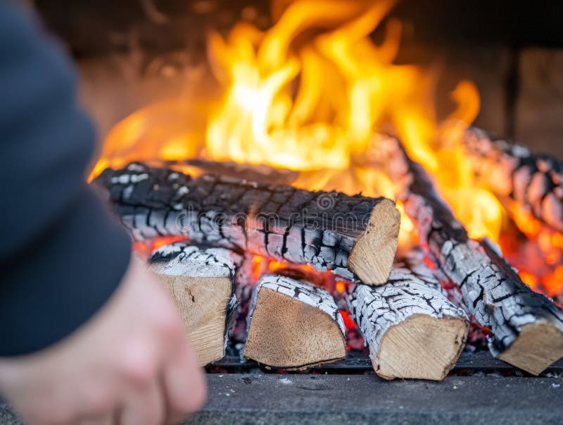 Closeup of a Hand Adding Logs To a Burning Fire Pit Stock Illustration ...