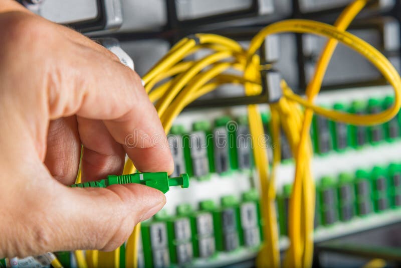 Hand of Engineer Plugging in Ethernet Cable into Server Switch P Stock ...