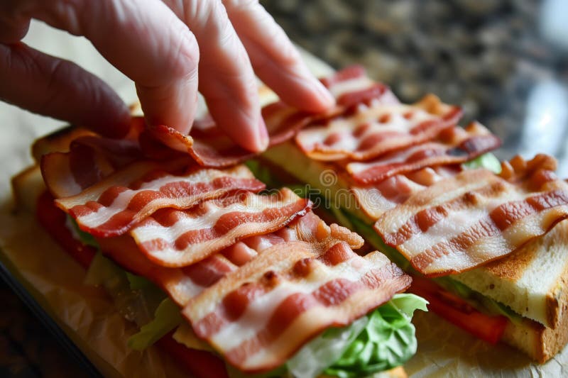 Closeup of a Hand Arranging Bacon Strips on a Blt Sandwich Stock Photo ...