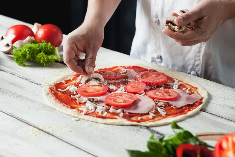 Closeup Hand of Chef Baker in White Uniform Making Pizza at Kitchen ...