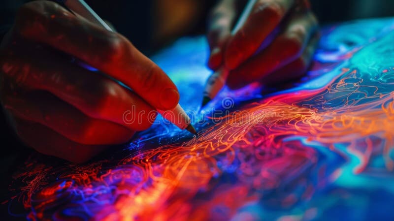 Closeup of a Hand Drawing on a Projected Surface Creating Vibrant ...