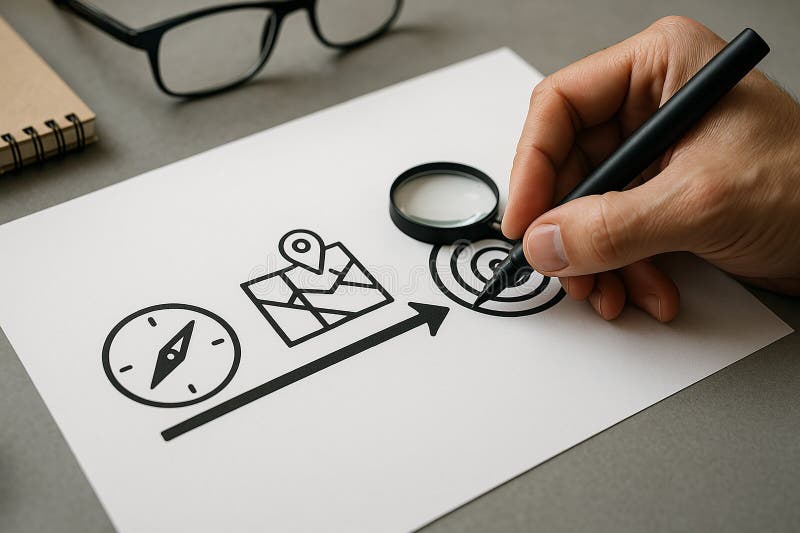 Closeup of Hand Drawing a Strategic Plan with Target Icon, Compass, and ...