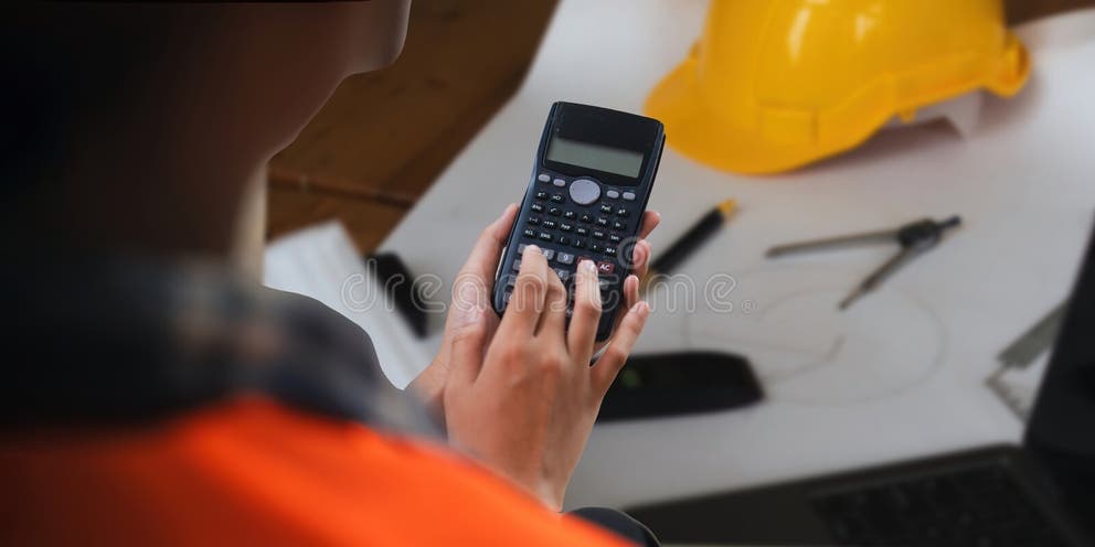 Closeup Hand of Engineer with Construction Work Plan Together Blueprint ...