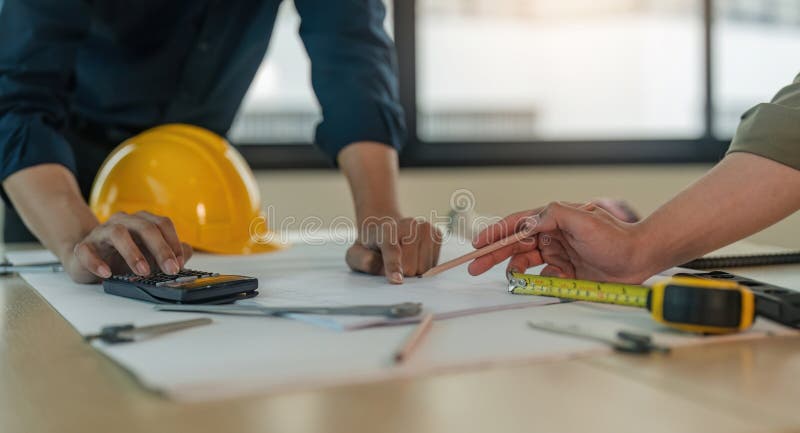 Closeup Hand of Engineer Team with Construction Work Plan Discussion ...