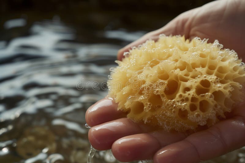 Closeup of a Hand Gently Squeezing a Wet Sea Sponge Stock Photo - Image ...