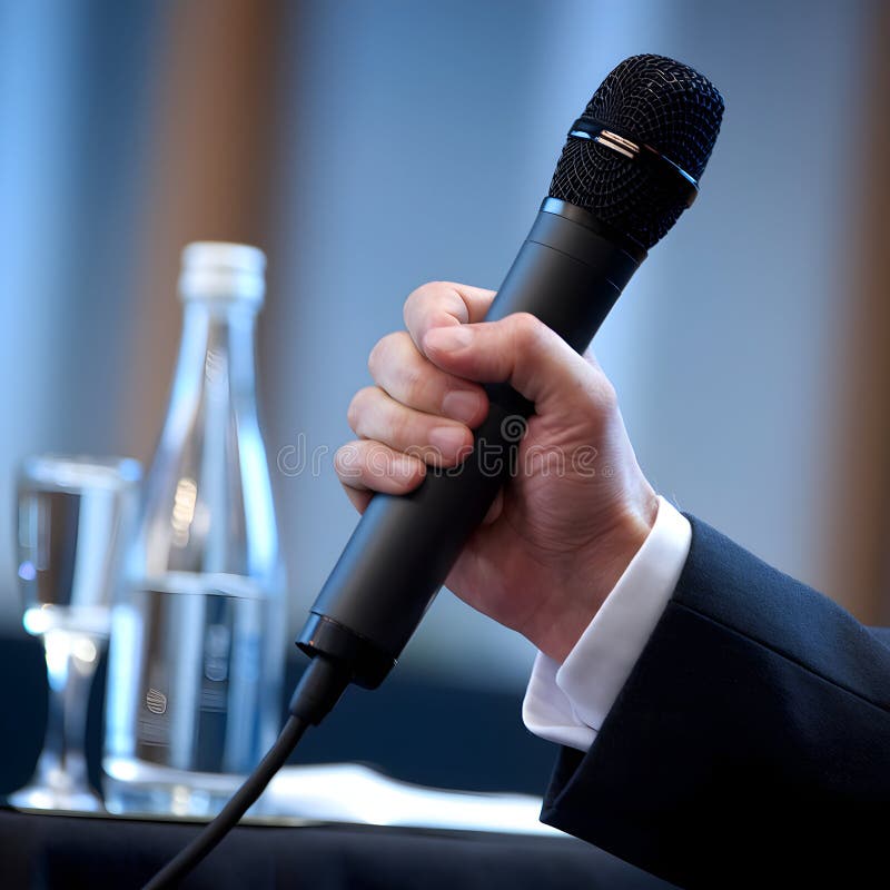 Hand Grips Microphone in Formal Event Setting with Table and Water ...