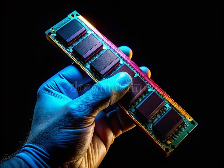 Closeup of a Hand Holding Computer RAM Module Against a Dark Background ...