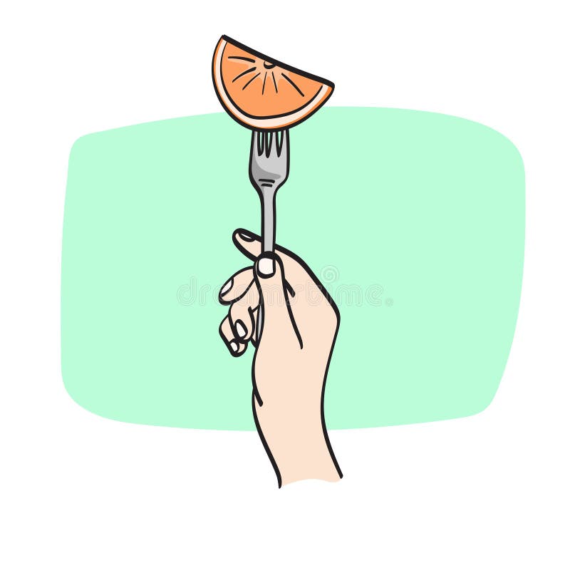 Closeup Hand Holding Fork with Piece of Orange Illustration Vector Hand ...