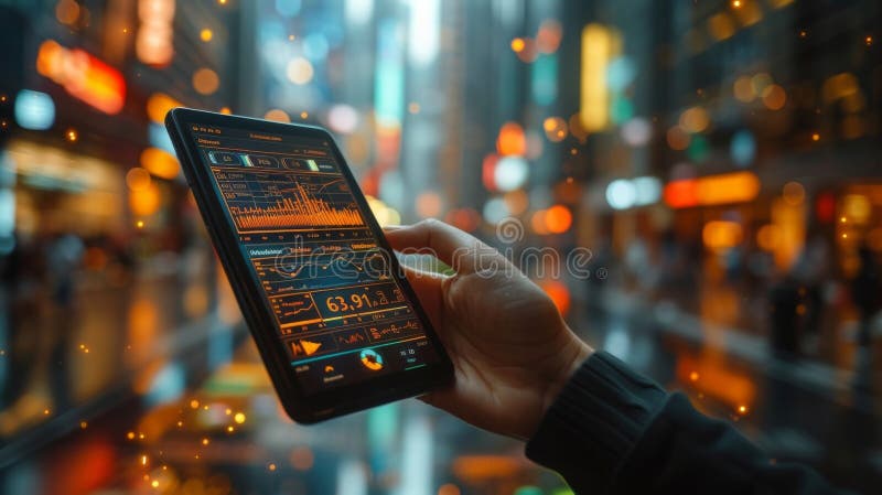A Closeup of a Hand Holding a Mobile Device with a Graph and Chart ...