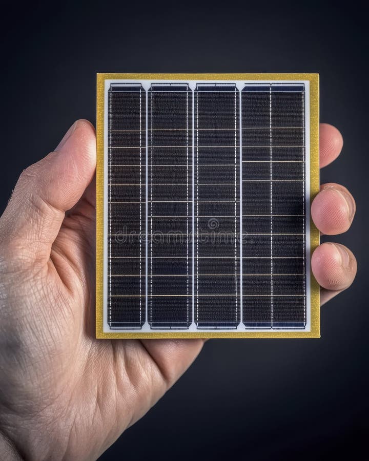 Closeup of a Hand Holding a Small Dark Rectangular Solar Panel with ...