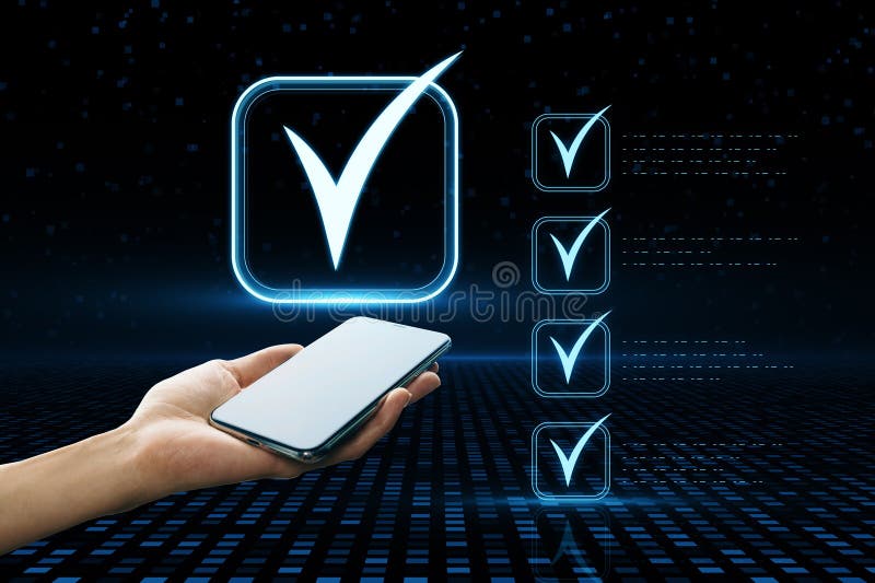 Closeup of a Hand Holding Smartphone with Holographic Checklist ...