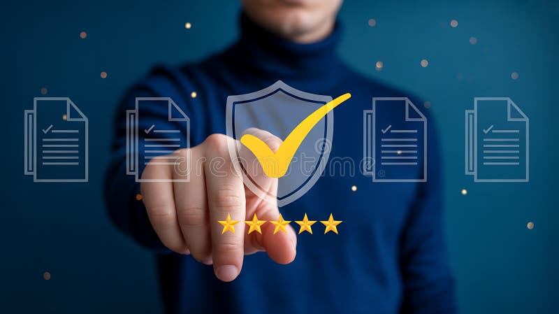 Person Approves Documents Secure Shield Five Stars Rating Yellow ...