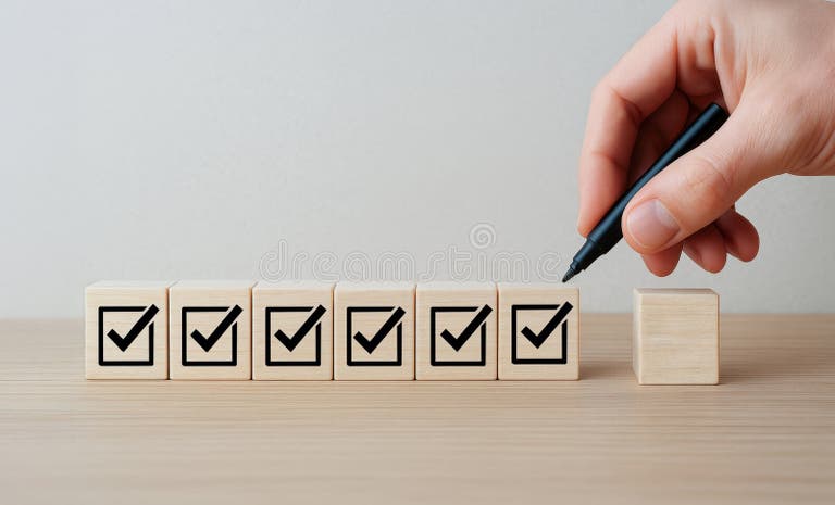Hand Drawing Check Mark on Wooden Cubes, Checklist for Business Tasks ...