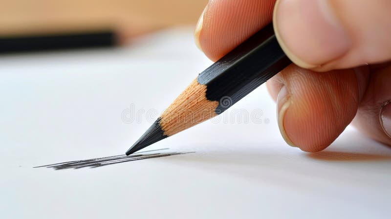 Closeup of Hand with Pencil Drawing on White Blank White Paper Stock ...