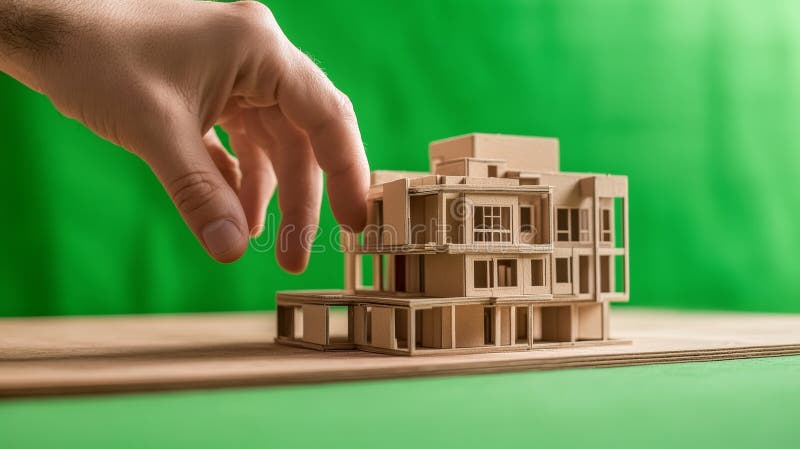 Closeup of a Hand Placing a Miniature Building Model on a Table Stock ...