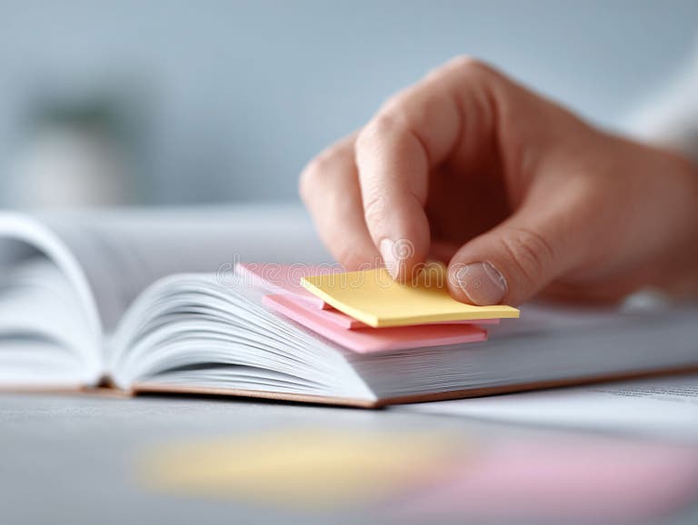 Closeup of Hand Placing Sticky Notes in an Open Book. Illustrates ...