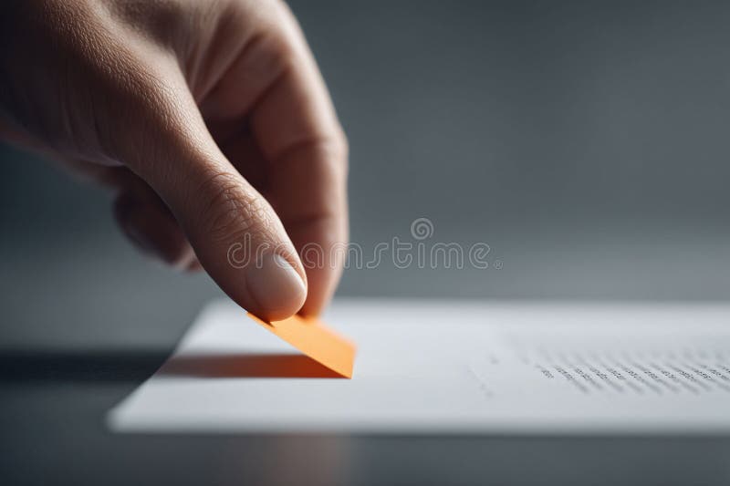 Closeup of a Hand Placing a Vibrant Orange Sticky Note on a Document ...