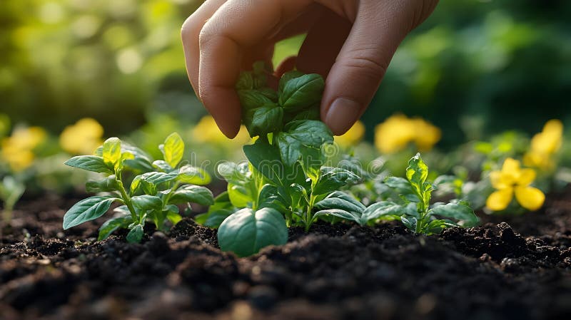 Closeup of a Hand Planting Green Seedlings in Soil Stock Illustration ...