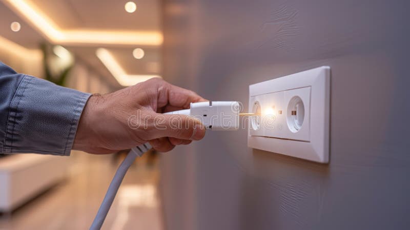 Closeup of a Hand Plugging a White Electrical Cable into a Wall Socket ...