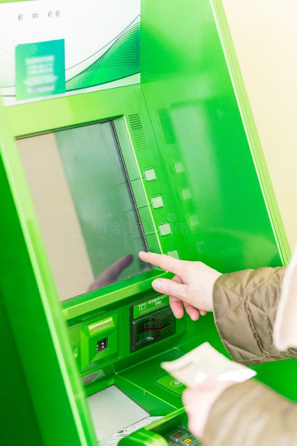 Close-up Hand Selects the Function on the ATM Editorial Stock Image ...