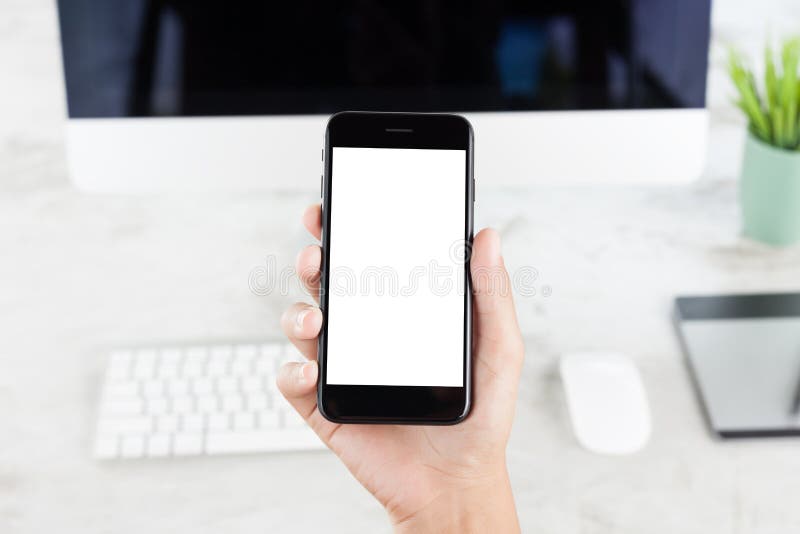 Closeup Hand Showing Blank White Screen Over Pc Computer Desk Stock ...