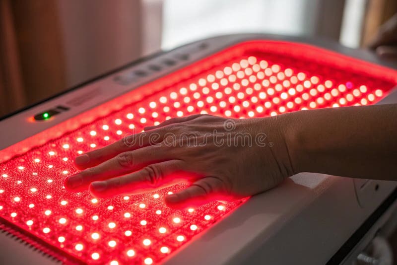 Closeup of Hand Touching Red Light Therapy Panel LEDs Stock ...