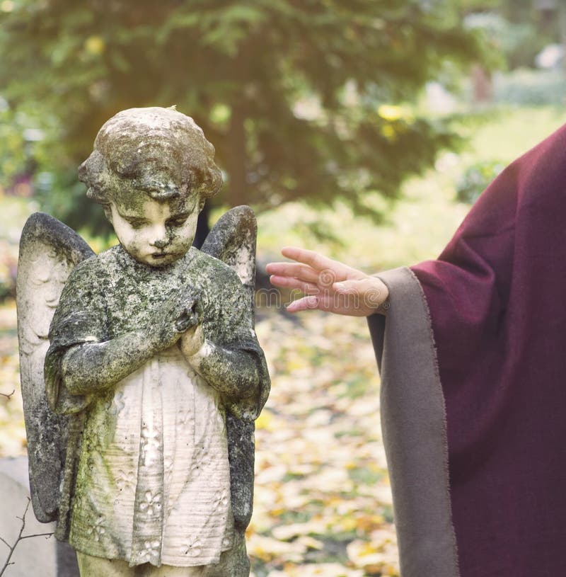 Closeup of Hand Touching a Stone Angel Stock Image - Image of despair ...