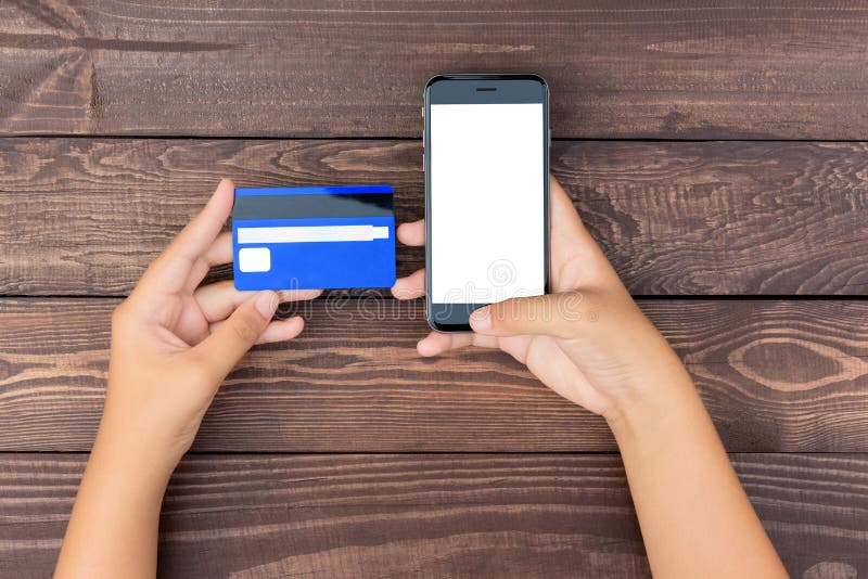 Closeup Hand Use Phone and Credit Card on Table Top View Stock Photo ...