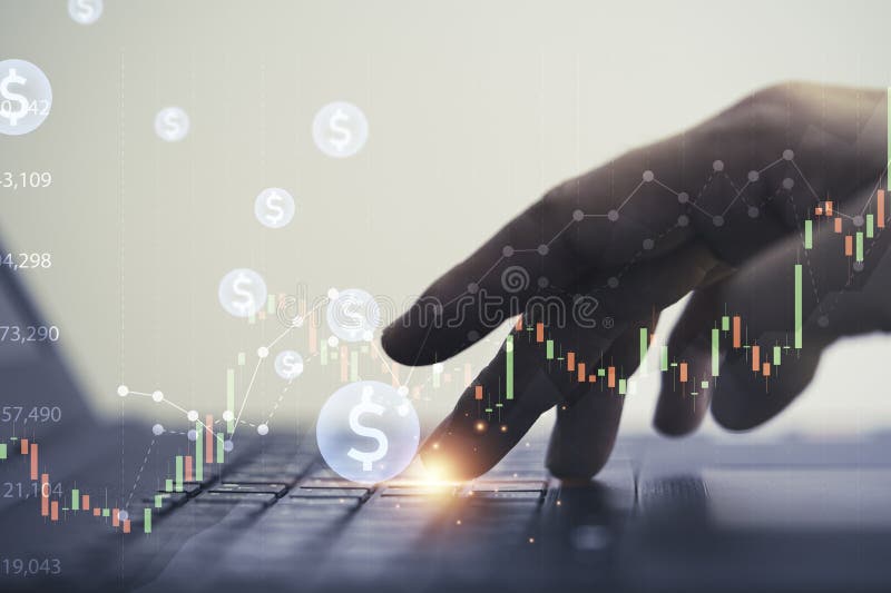 Closeup Hand Using Laptop Computer with Usd Dollar Sign and Technical ...