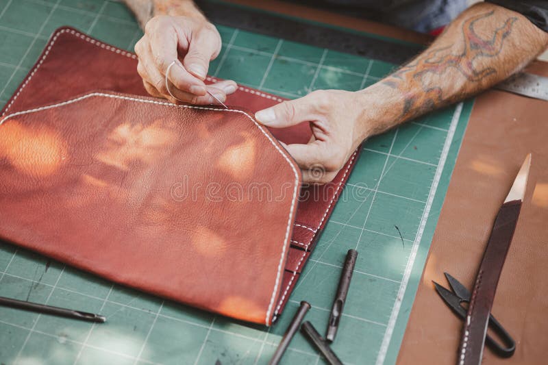 Closeup Hand Working Process Leather Handcraft in the Leather Workshop ...