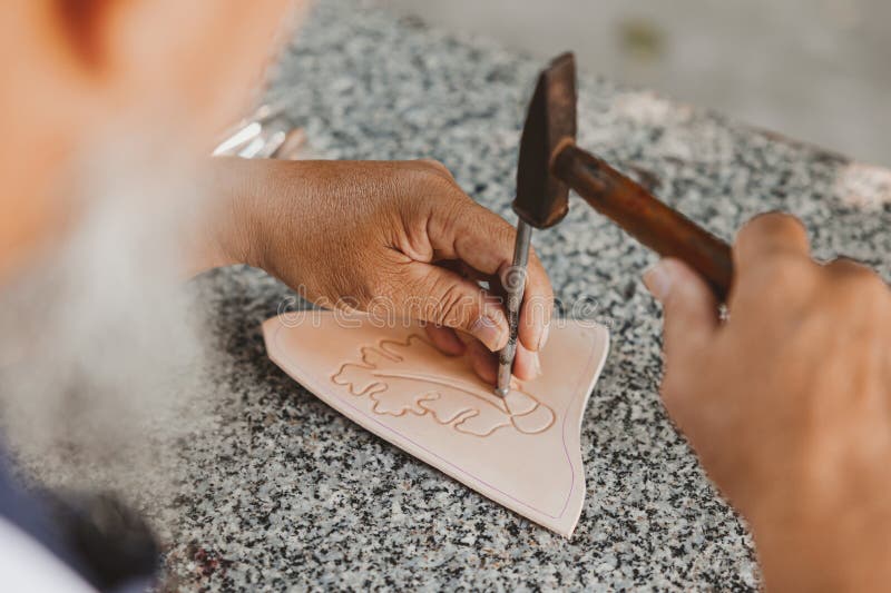 Closeup Hand Working Process Leather Handcraft in the Leather Workshop ...