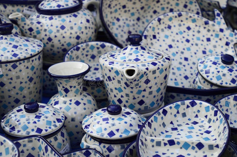 Handmade Pottery with Blue Pattern Stock Photo - Image of closeup ...