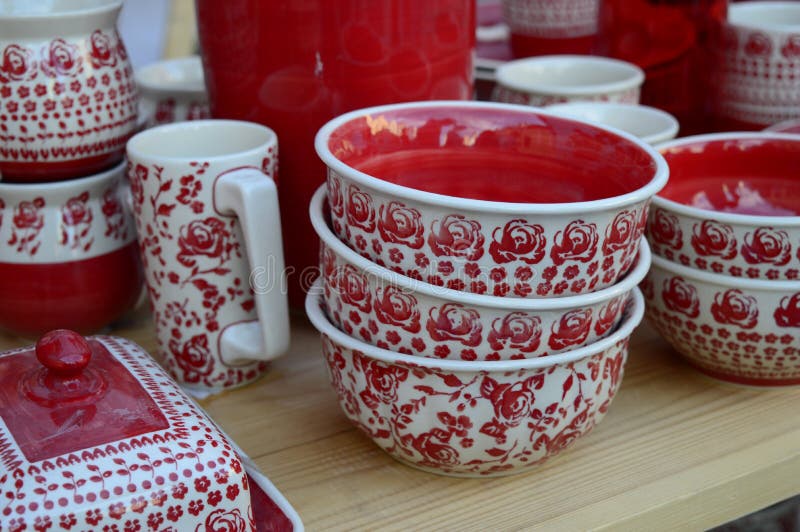 Handmade Pottery with Red Pattern Stock Image - Image of gift, poland ...