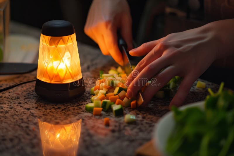 Closeup of Hands Cutting Vegetables with a Small Lamp on Stock Photo ...