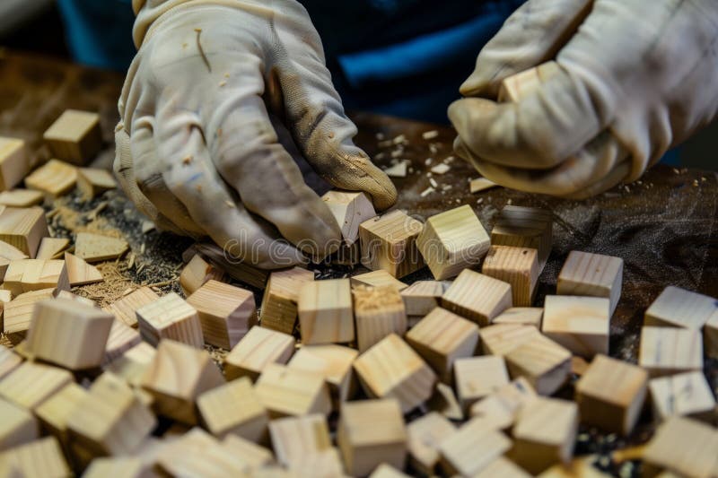 Closeup of Hands with Gloves Sorting Small Wooden Blocks Stock ...