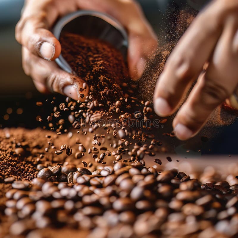Closeup of Hands Grinding Fresh Coffee Beans with the Aromatic Grounds ...
