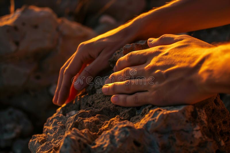 Closeup of Hands Gripping Rock, Sunset Hues Stock Image - Image of ...