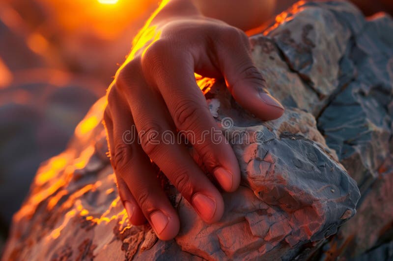 Closeup of Hands Gripping Rock, Sunset Hues Stock Image - Image of rock ...