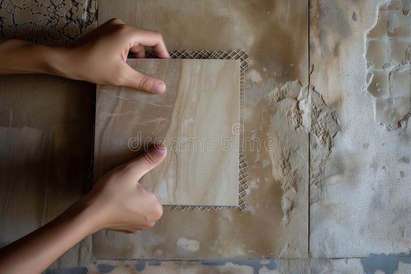 Closeup of Hands Holding a Ceramic Tile Sample Against a Wall Stock ...