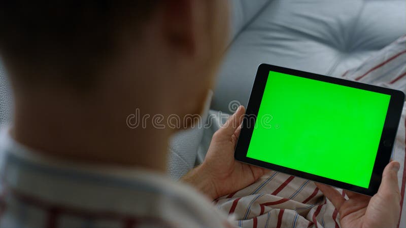 Closeup Hands Holding Chroma Key Tablet. Unknown Man Typing Green ...