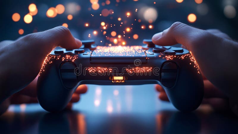 Closeup of Hands Holding Glowing Game Controller Amidst Sparkling ...