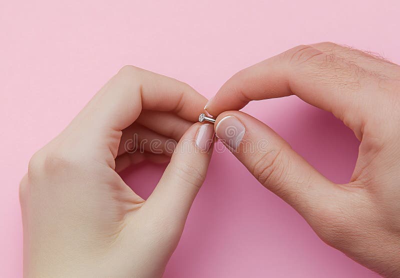 Closeup Hands Holding Tiny Diamond Ring Pink High Quality Image Stock ...