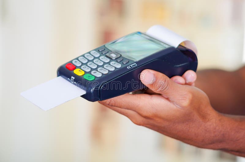 Closeup Hands Holding Up Credit Card Payment Terminal in Front of ...