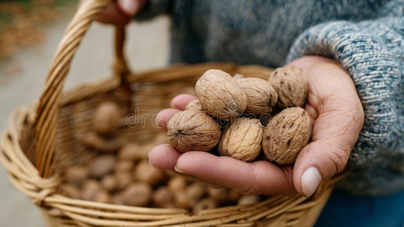 Closeup of Hands Holding Walnuts Above a Basket Outdoors. Stock Image ...