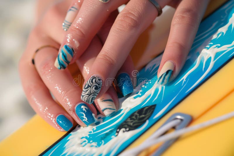Closeup of Hands with Ocean Wave Nail Art on a Surfboard Stock ...