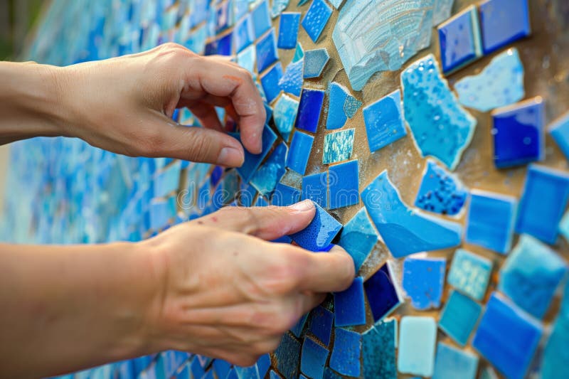 Closeup of Hands Placing Blue Tiles on a Mosaic Wall Stock Illustration ...