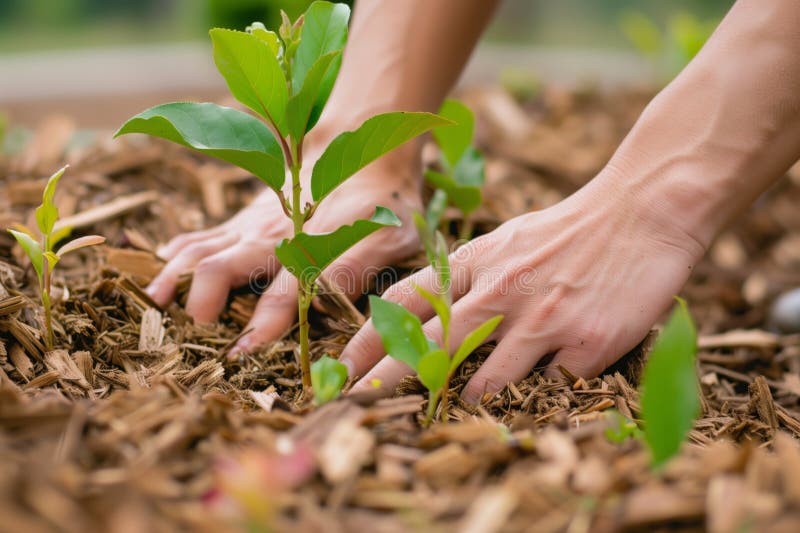Closeup of Hands Planting a Tree Sapling in Wood Chips Stock ...