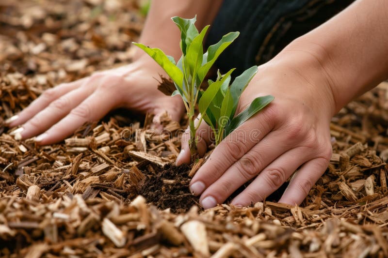 Closeup of Hands Planting a Tree Sapling in Wood Chips Stock ...